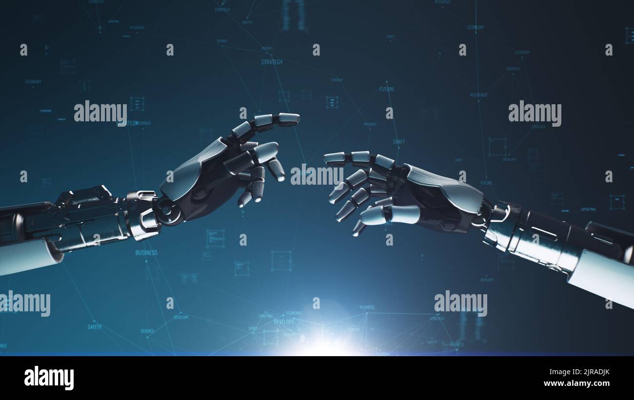 3D Render of hands of cyborgs reaching out and touching each other ...