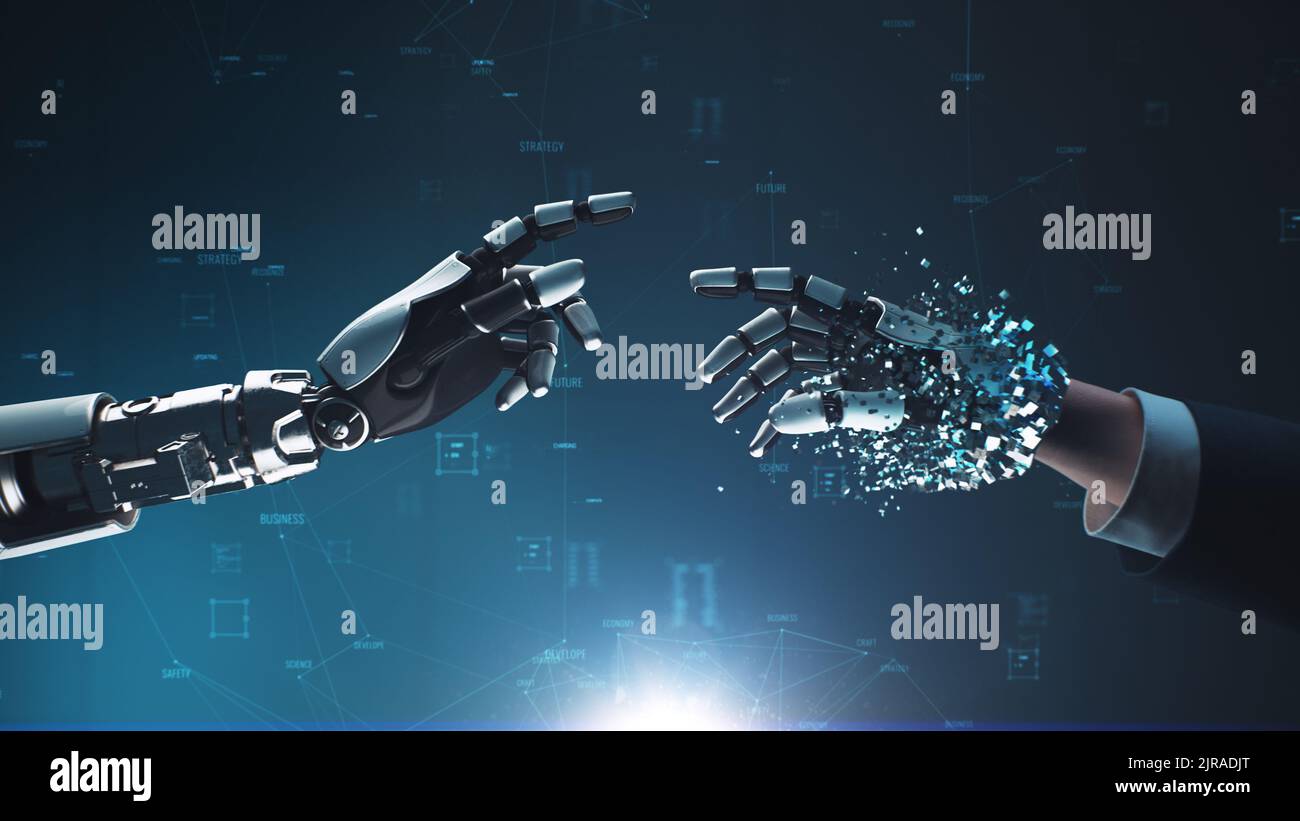 3D Render of robotic hand reaching out and touching businessman to ...