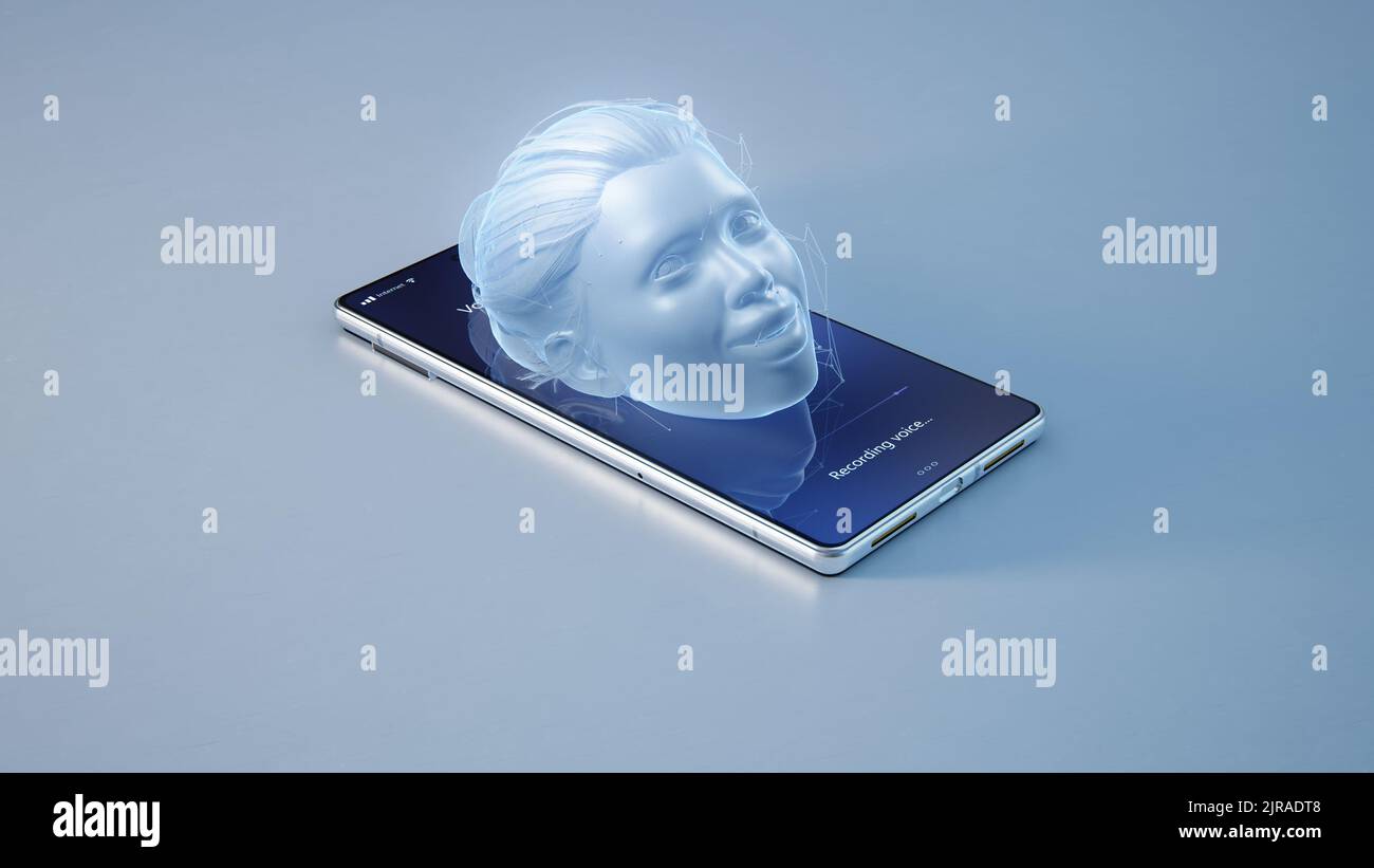 3D Render of 3D head of female virtual assistant speaking from screen ...