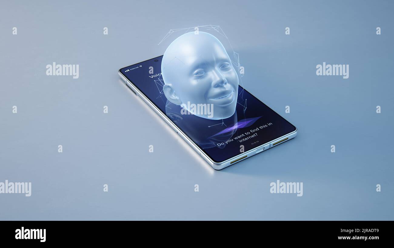 3D Render of 3D head of female virtual assistant speaking from screen ...