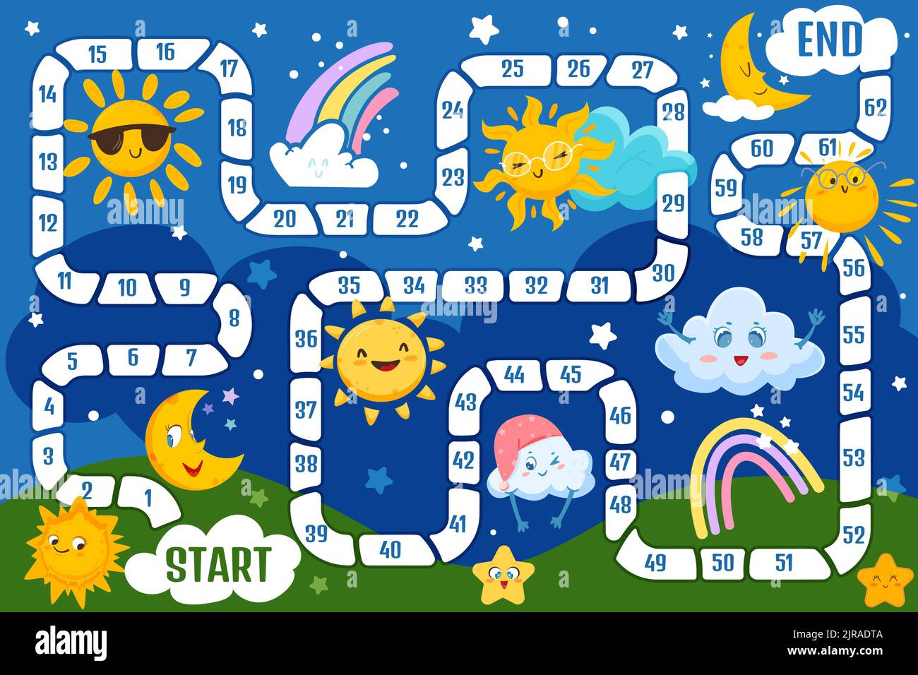 Family board game for children. Kids boardgame with cute weather elements on dark sky. Path ...