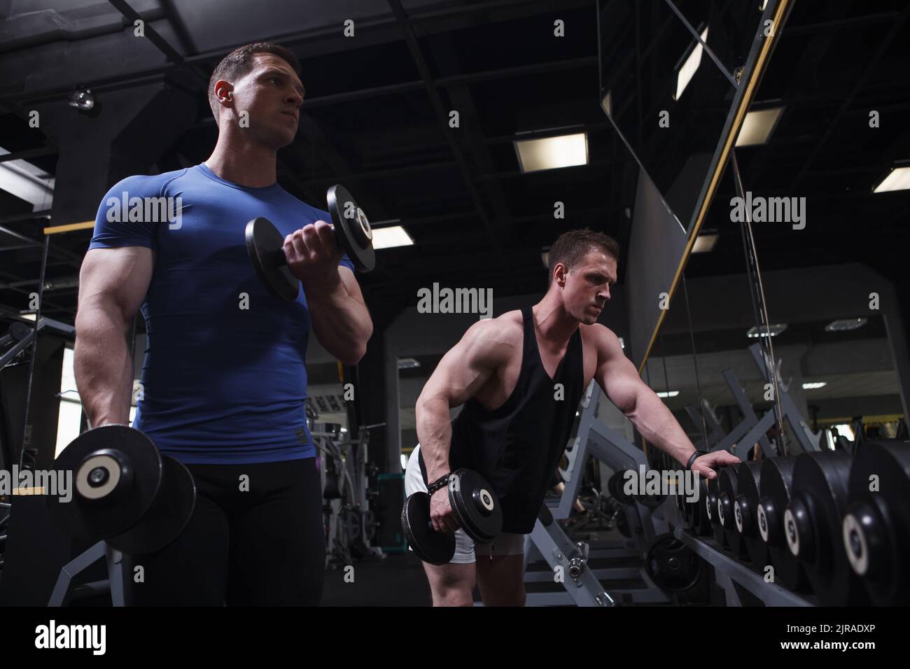 Athletic twin brothers bodybuilders training together at the gym, doing ...