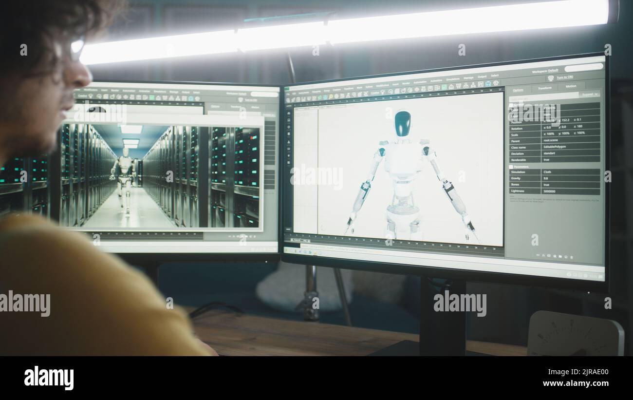 Guy rendering 3D animation of walking robot while creating videogame on ...