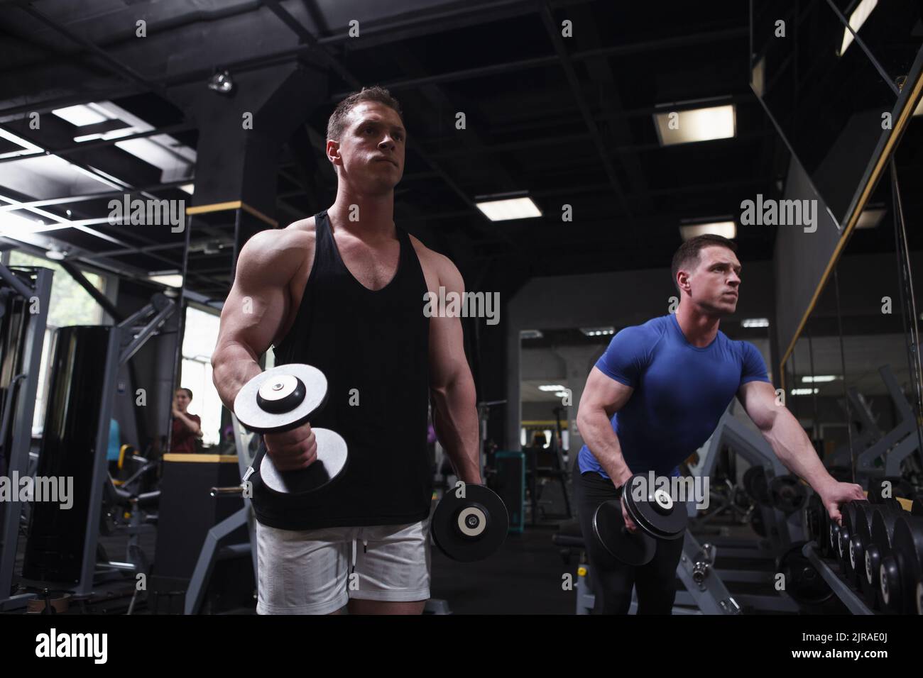 Twin brothers bodybuilders working out with dumbbells together at the ...
