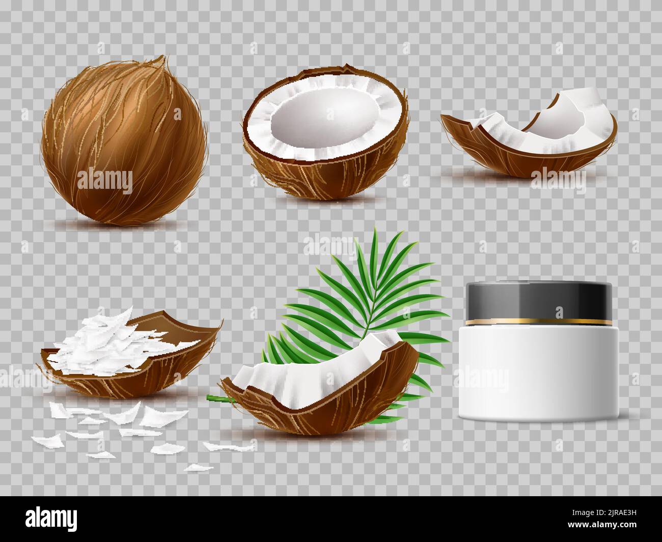 Realistic coconut. Blank butter packaging, cream jar. Whole, half and ...