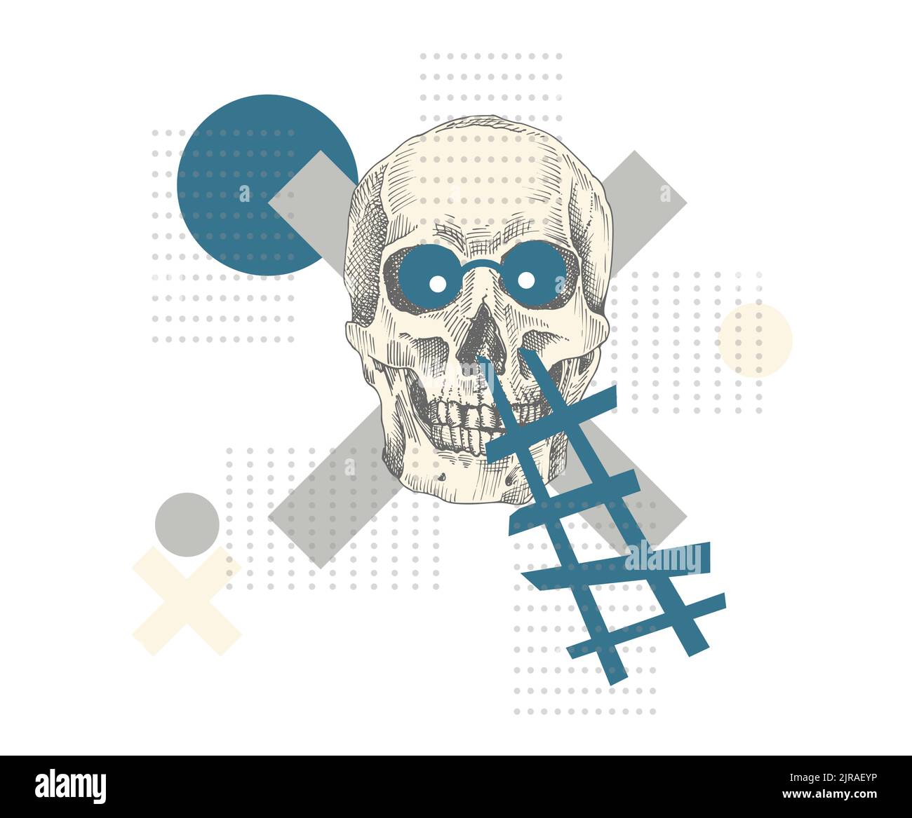 Art collage vintage human skull with stairs, halftone forms and circles ...