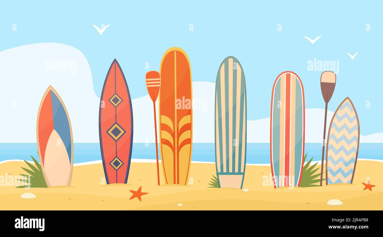 Surfboards on sand. Patterned sea boards in row on beach, ocean surfing ...