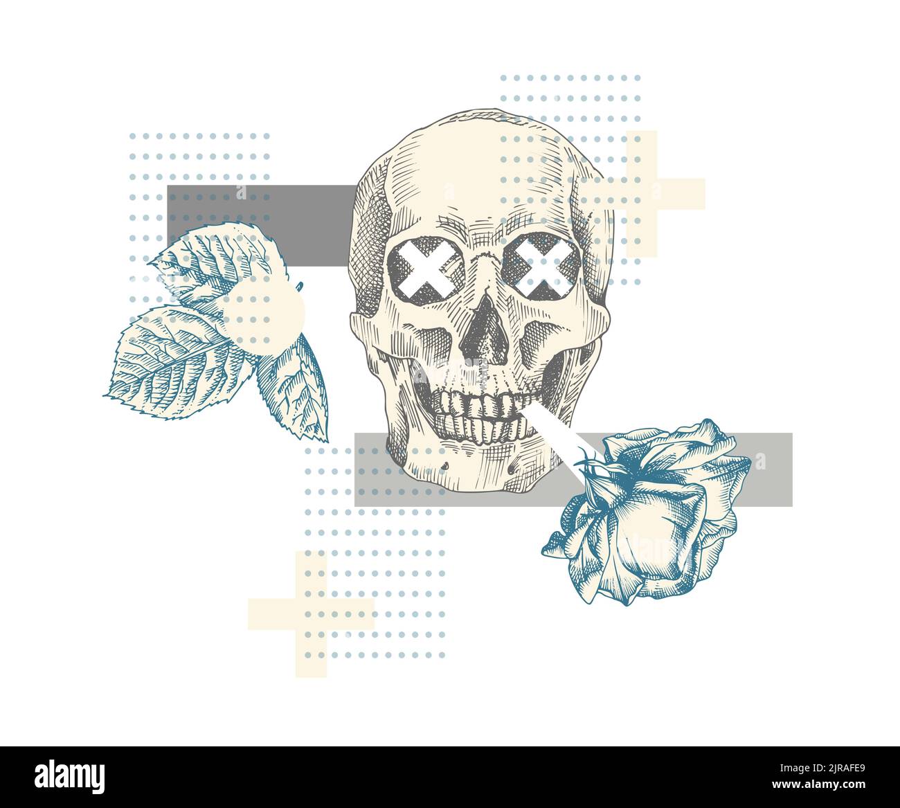 Art collage vintage human skull with flower roses, halftone. Zine ...