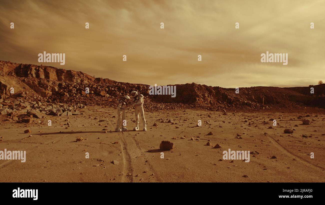 Zoom out view of people in spacesuits discussing base location while ...