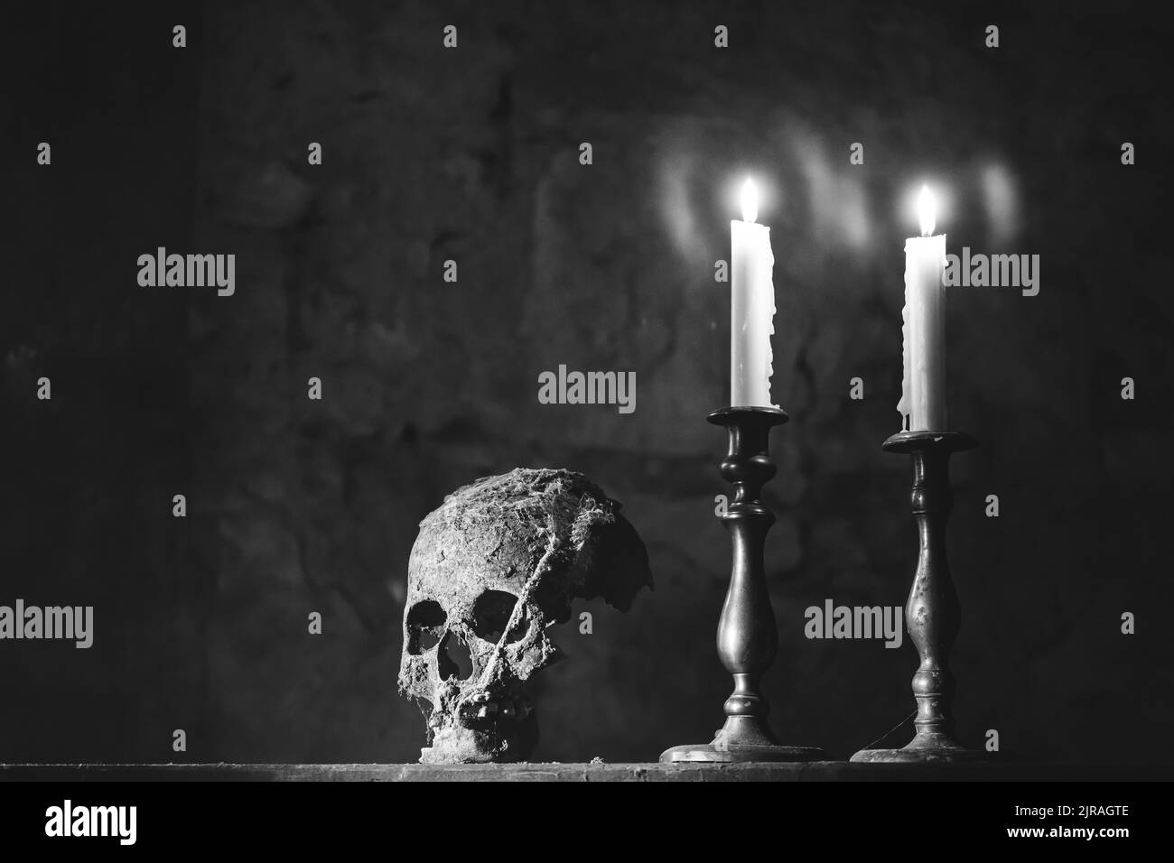 Real human skull with candles in the darkness. Spooky, horror wallpaper ...