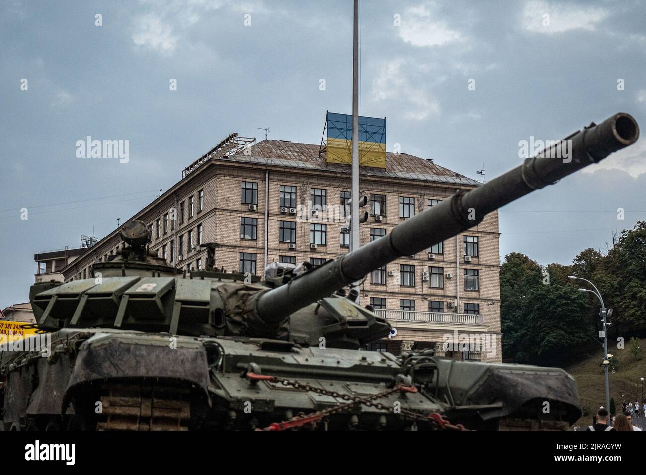 Wreckage of a Russian tank seen moving to the exhibition for showcasing ...