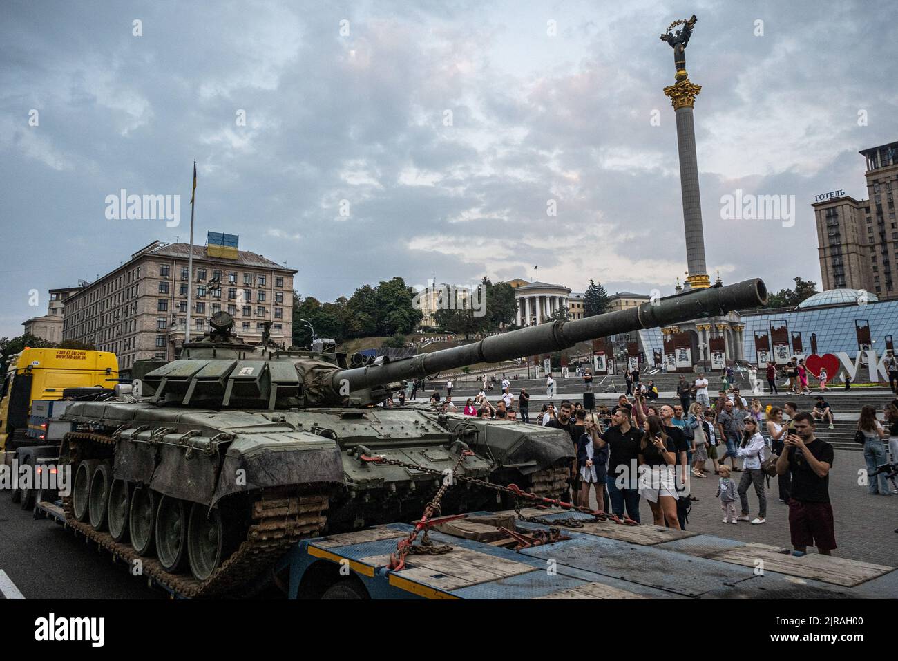 The wreckage of a Russian tank seen moving to the exhibition for ...