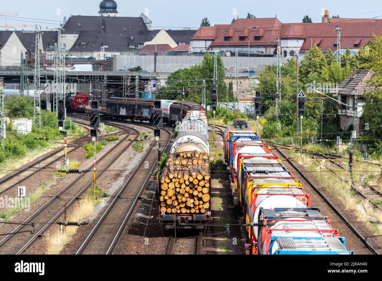 Above view of railway sorting station with many lines directions in ...