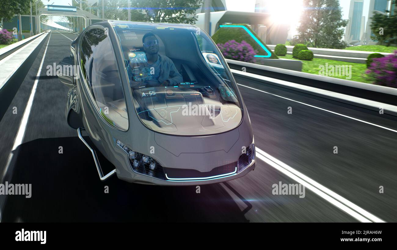 Zoom out view of African American guy riding futuristic anti gravity ...