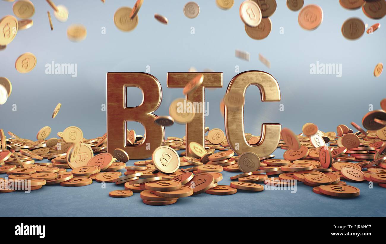 3D Render of a Bitcoin symbol and cryptocurrency coins falling from ...