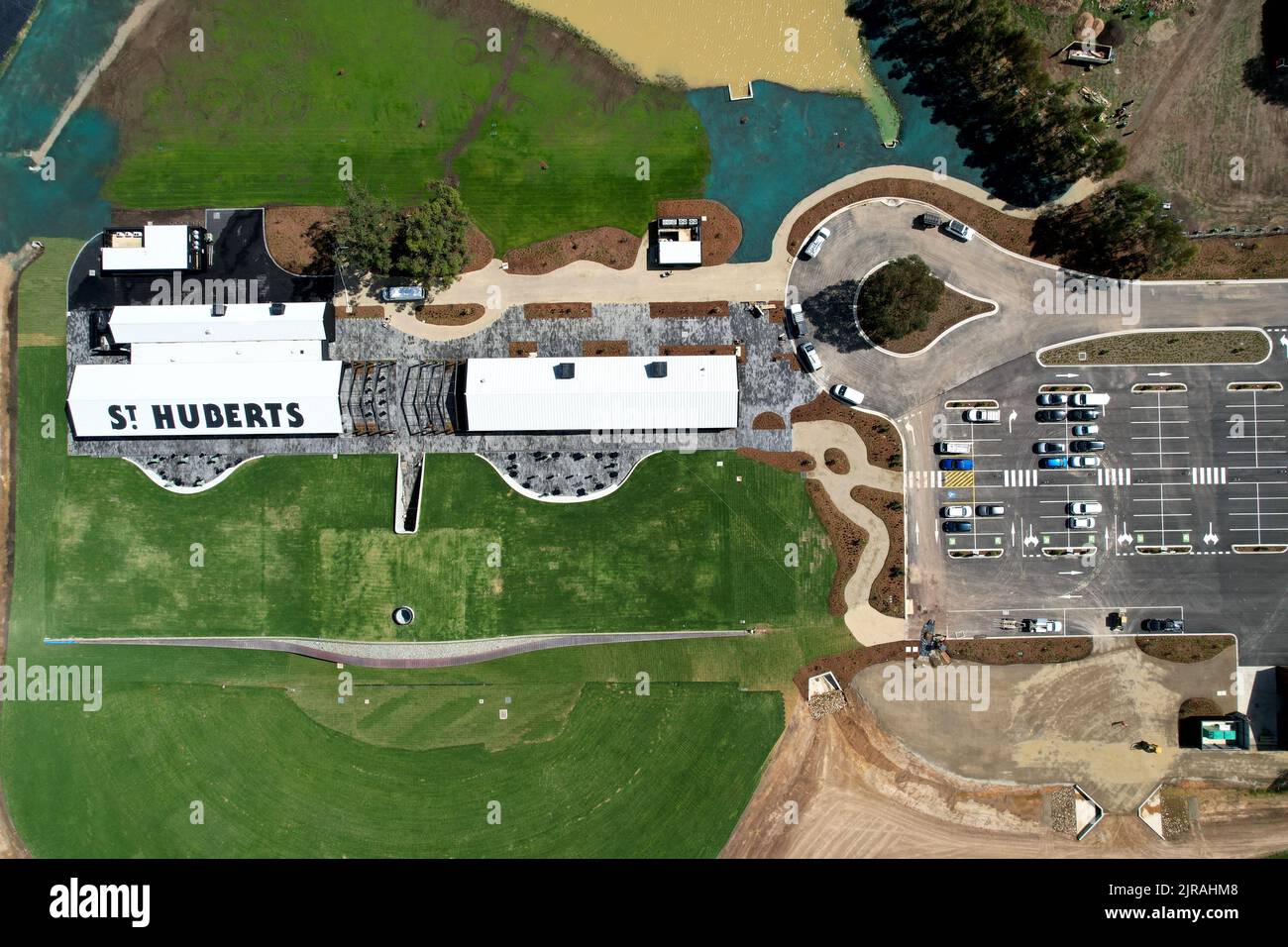 An aerial view of St Huberts winery surrounded by greenery fields in ...
