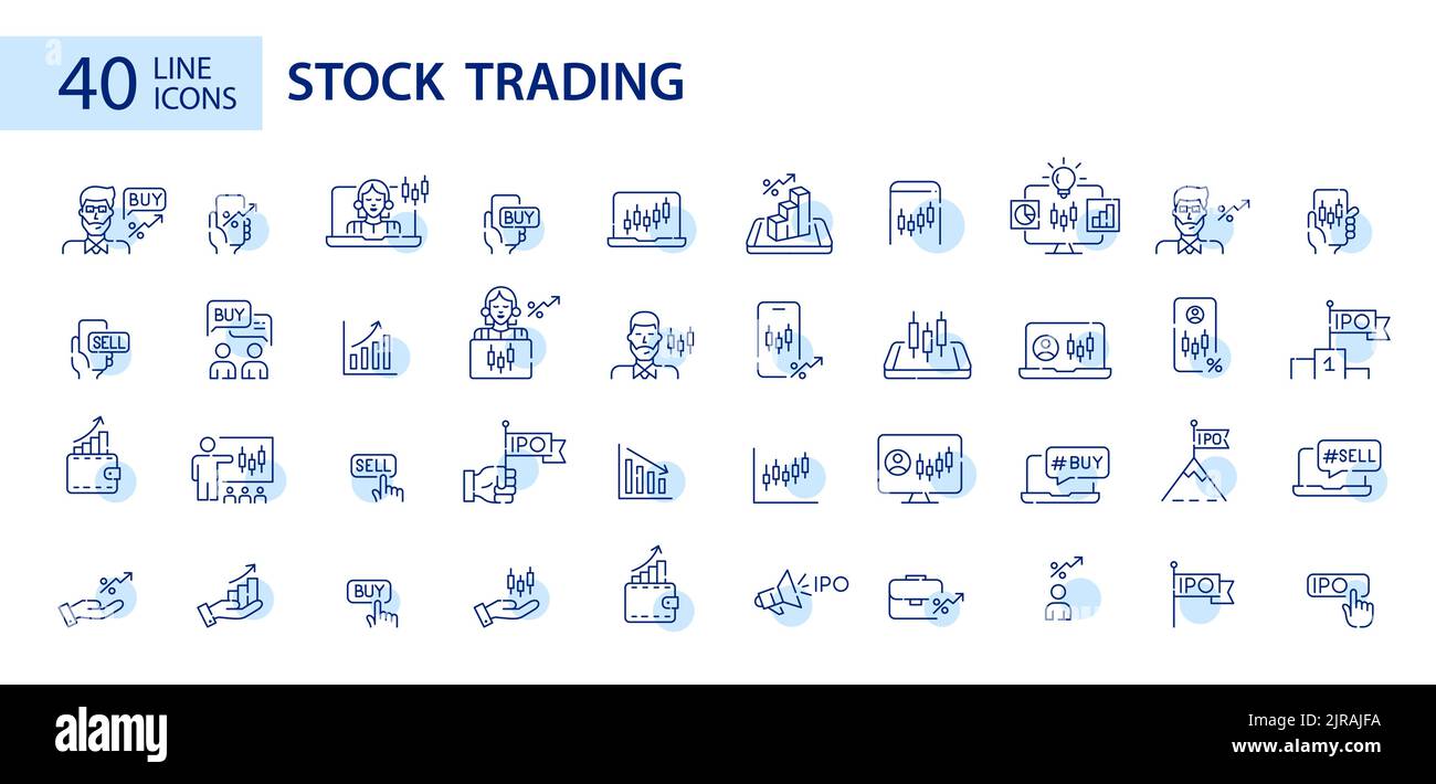 Stock trading and investing icons. Broker app interface, financial advisor, IPO and candlestick ...