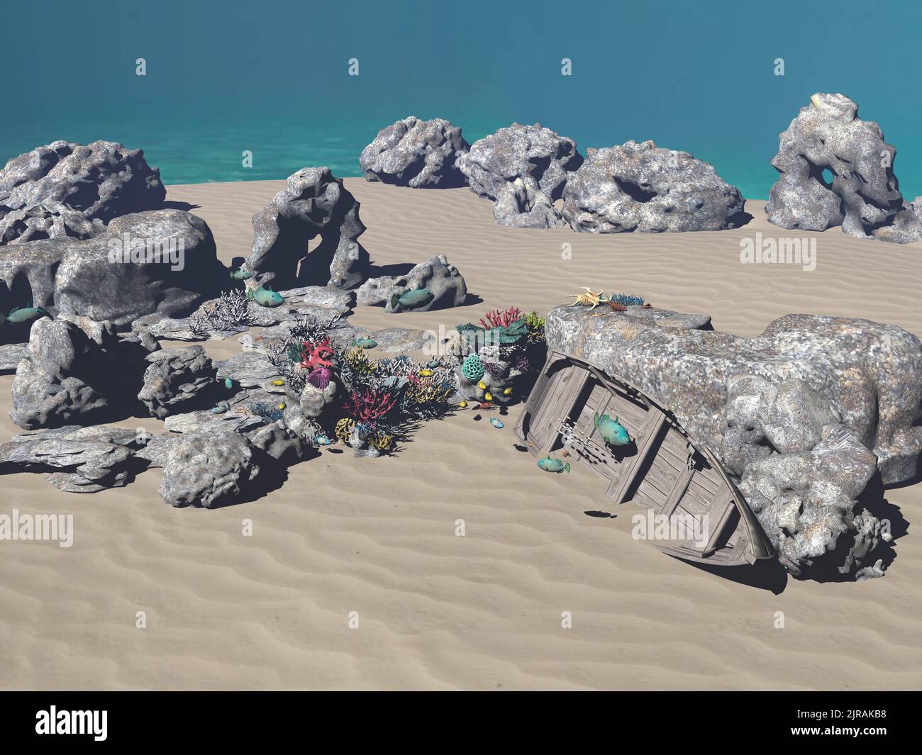Coral, fish and a wreck on the seabed Stock Photo - Alamy