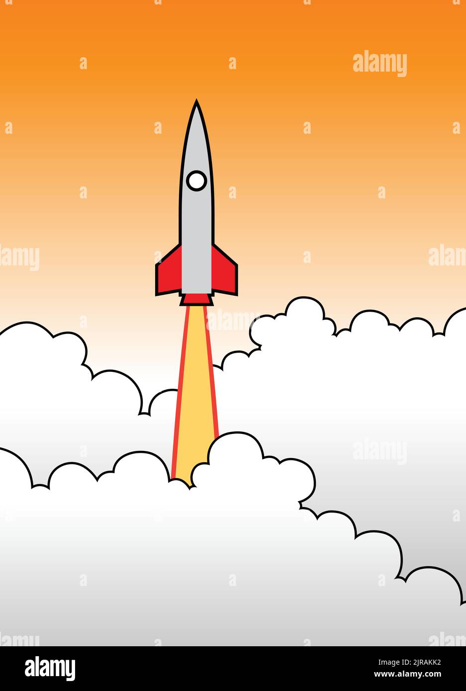 Illustration of a Rocket Launching and Flying into the Orange Sky Stock ...