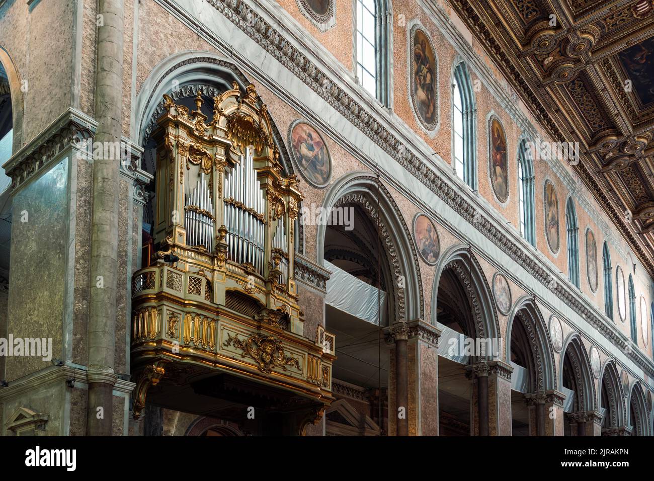 Church pipe organ and decorations inside Duomo di Napoli the Roman ...