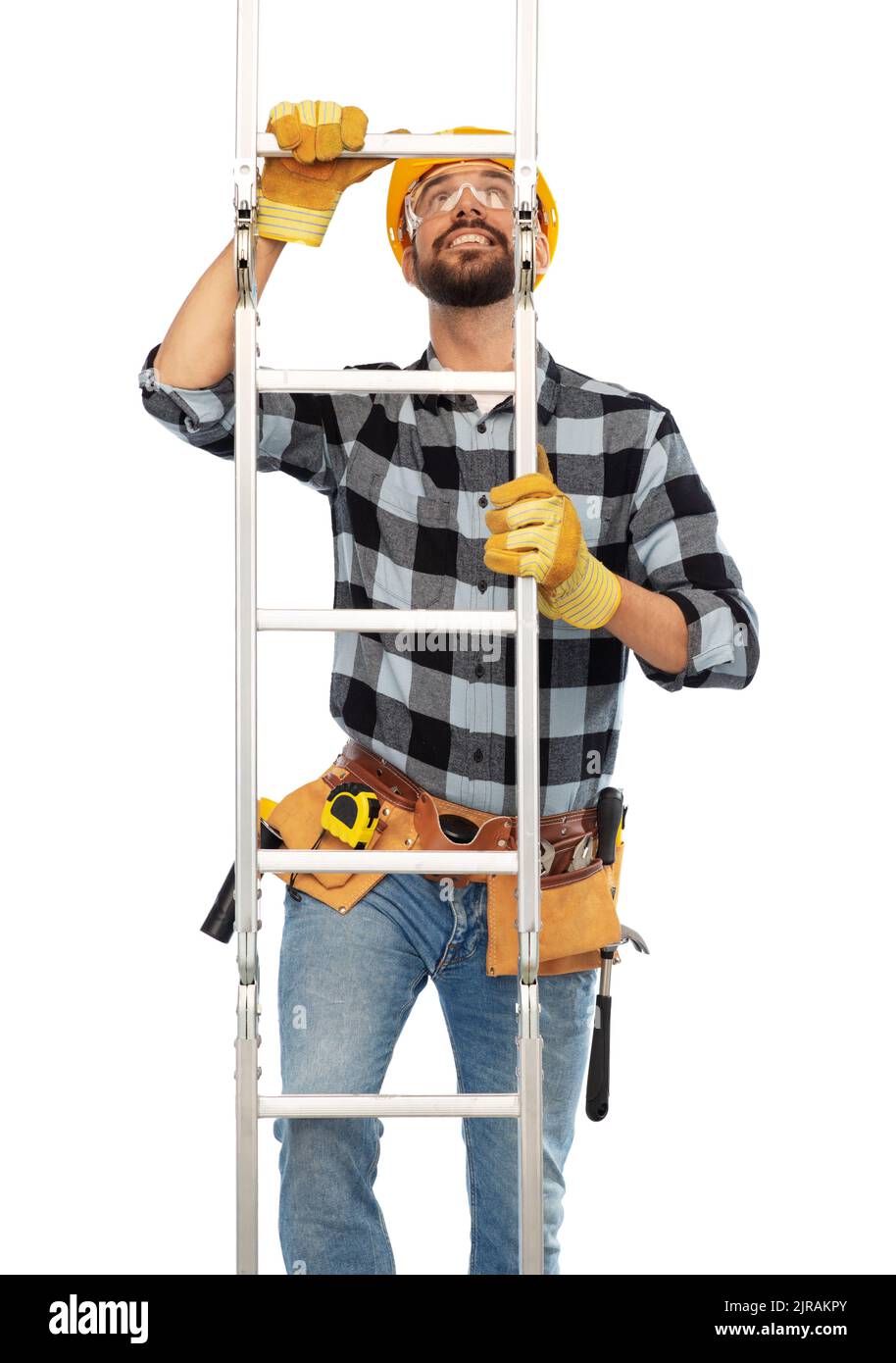 happy male builder in helmet climbing up ladder Stock Photo - Alamy