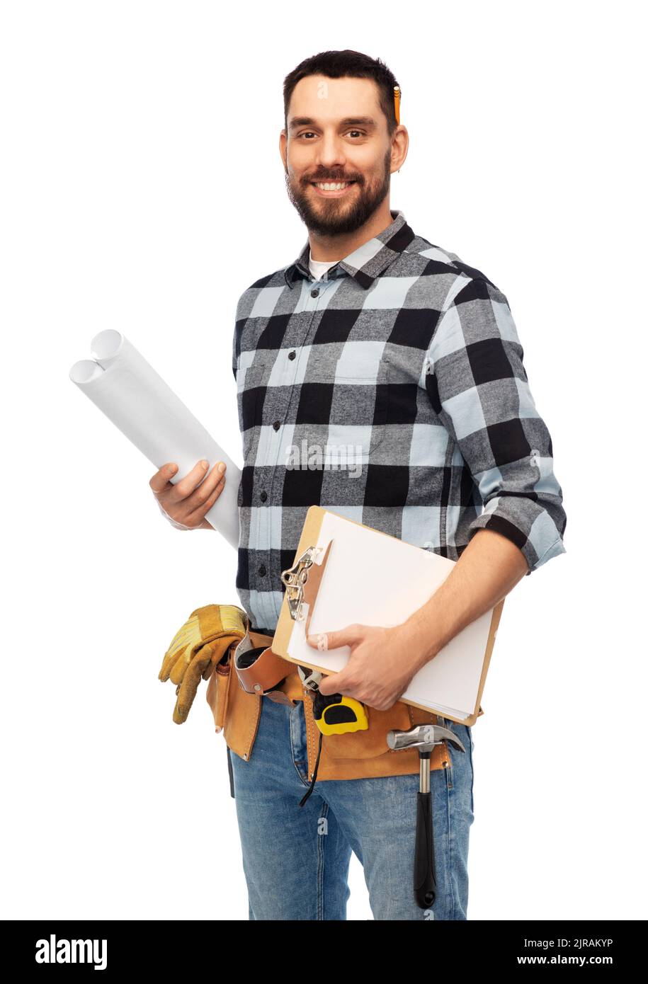 male builder with clipboard and blueprint Stock Photo - Alamy