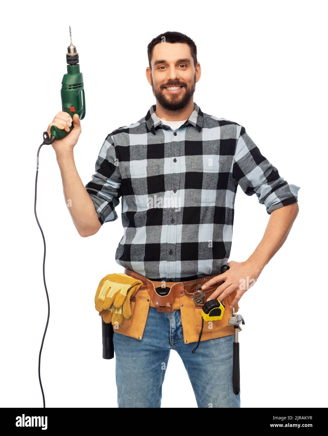 happy male worker or builder with drill and tools Stock Photo - Alamy