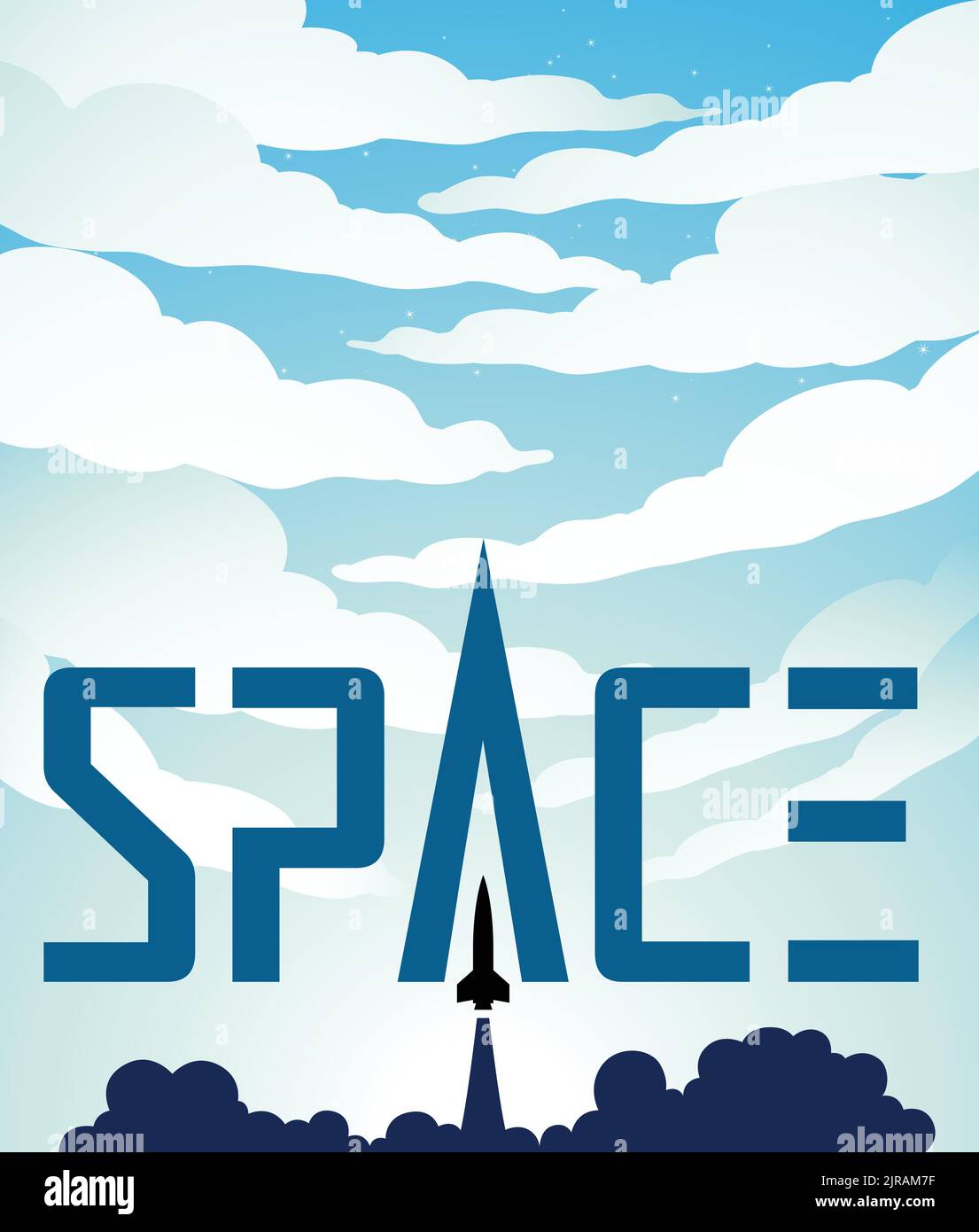 Illustration of Space Poster of a Rocket Launch Over a Bright Blue ...