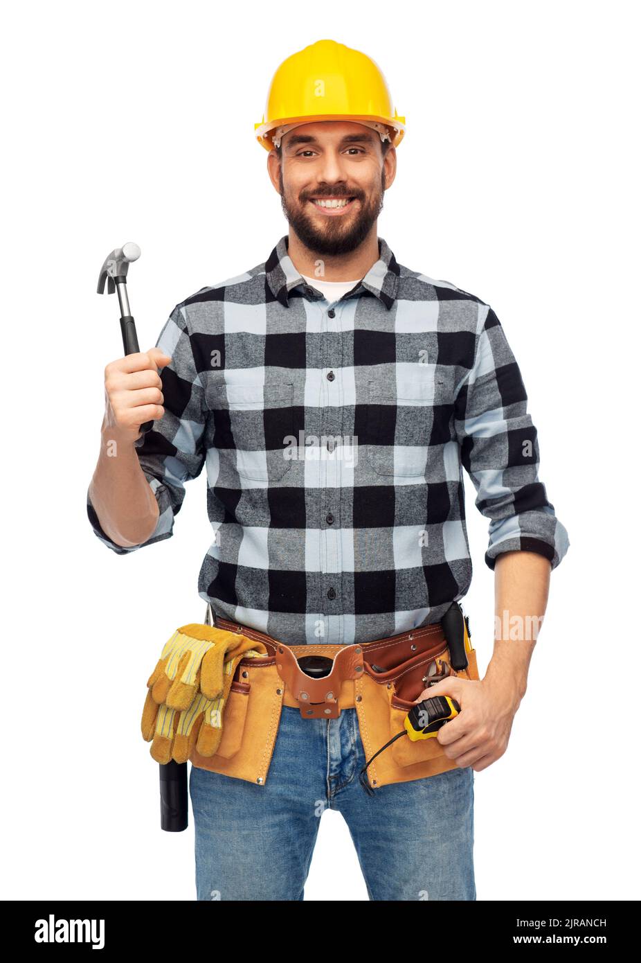 happy male builder in helmet with hammer Stock Photo - Alamy