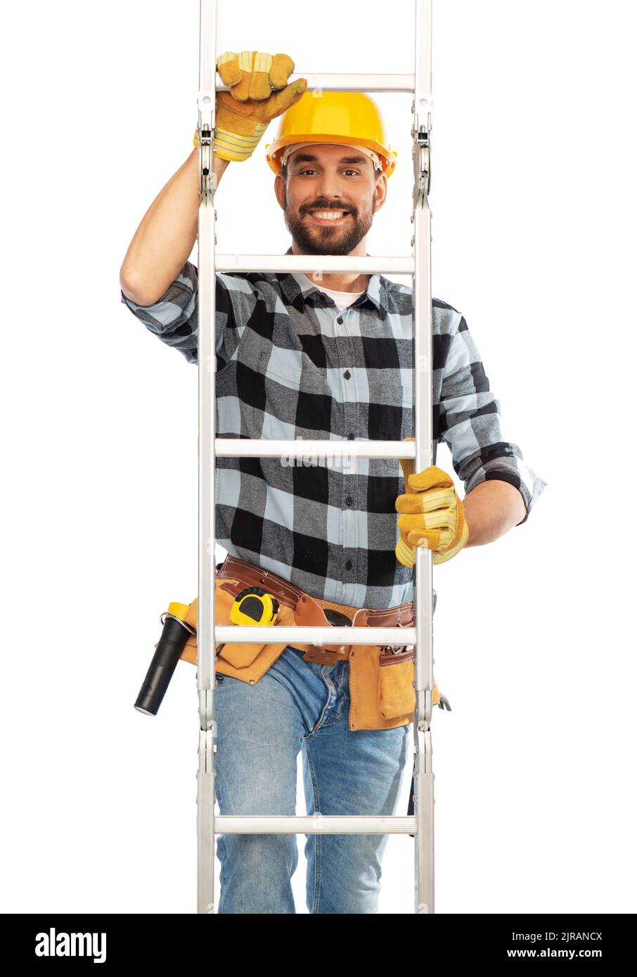 happy male builder in helmet climbing up ladder Stock Photo - Alamy