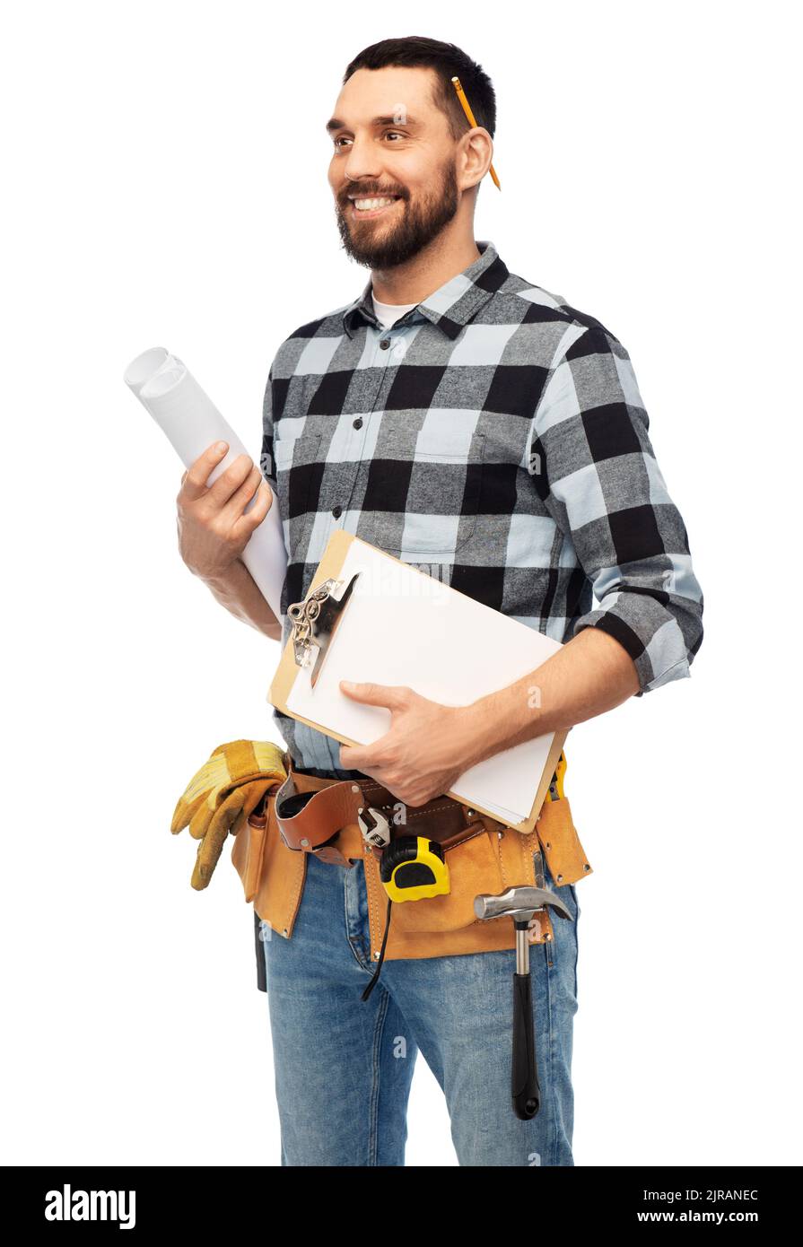 male builder with clipboard and blueprint Stock Photo - Alamy