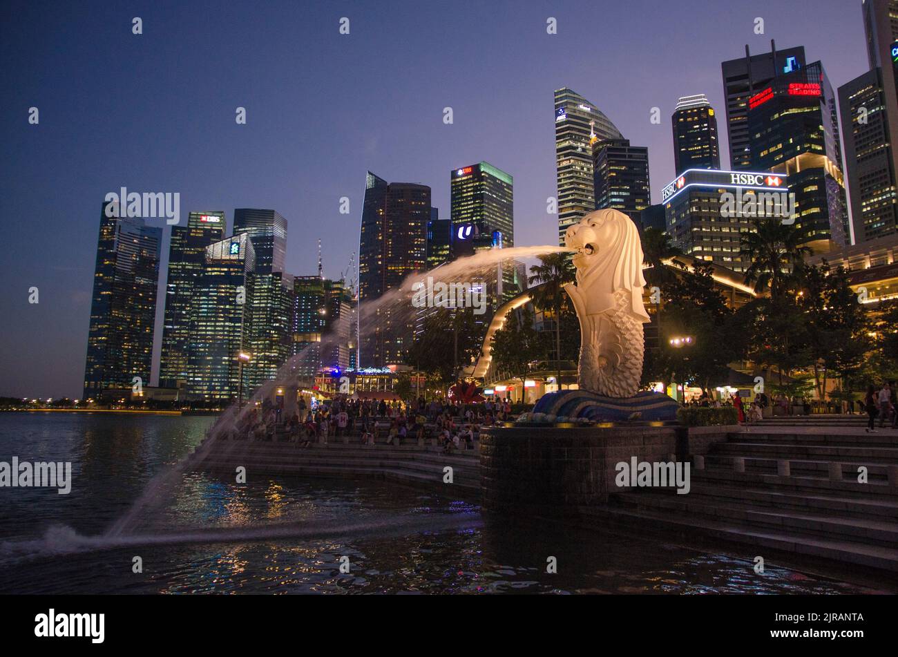An aerial view of cityscape Merlion Park with lion fountain in ...