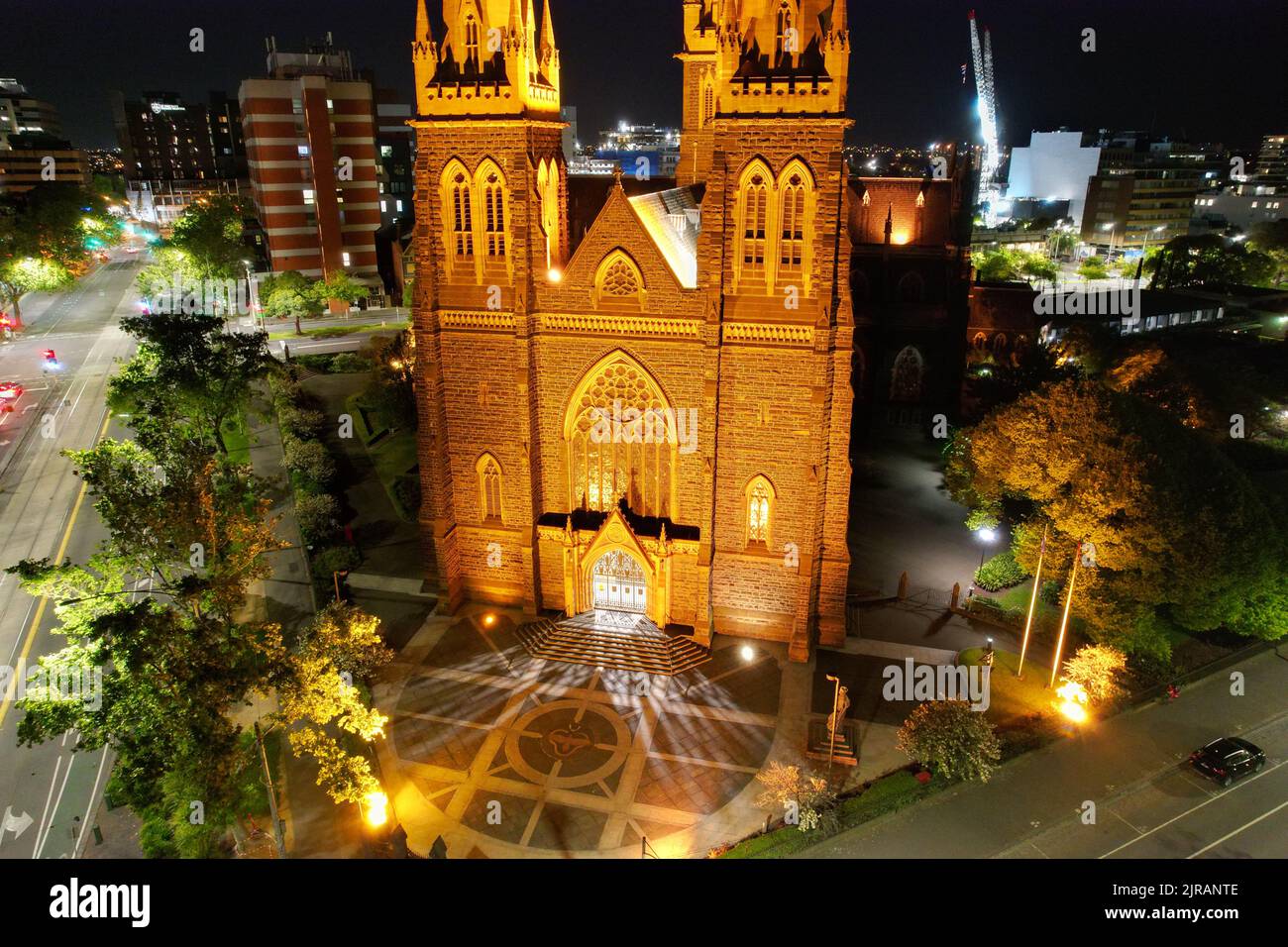 An aerial view of cityscape Melbourne with church in night Stock Photo ...
