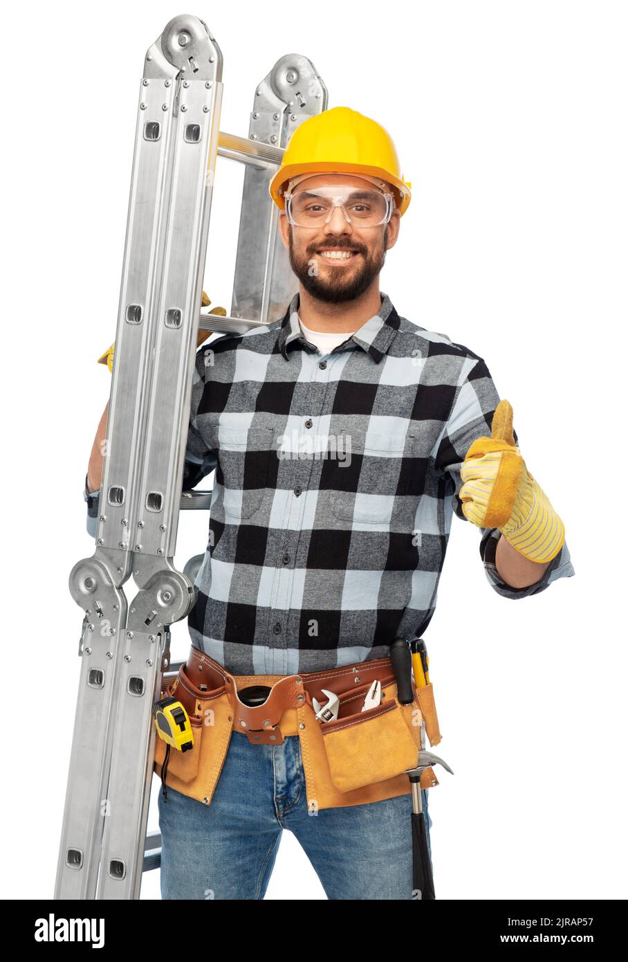 Young worker with ladder and showing thumbs up Stock Photo - Alamy