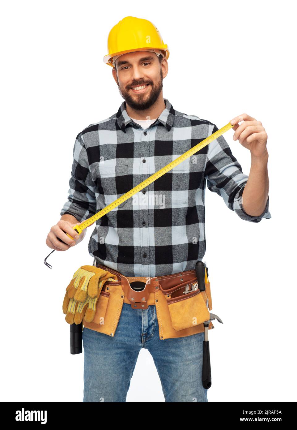 Builder worker holding measuring hi-res stock photography and images ...