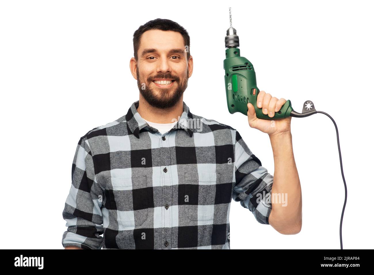 happy man, worker or builder with drill Stock Photo - Alamy