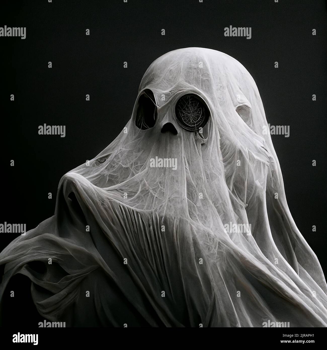 Close up shot of a ghost with big black eyes against a black background ...