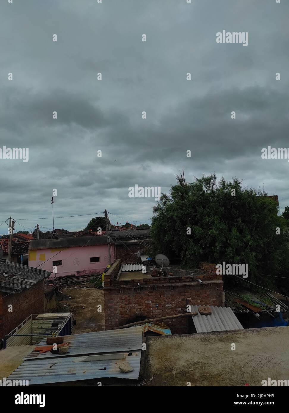 High Angle Indian Village Traditional Old Mud House Put Flag Clay Roof ...