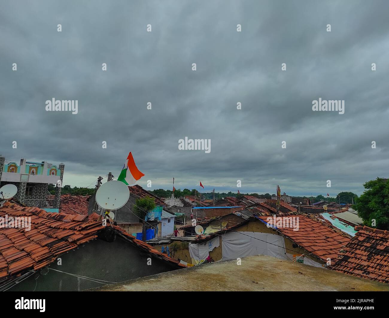 High Angle Indian Village Traditional Old Mud House Put Flag Clay Roof ...