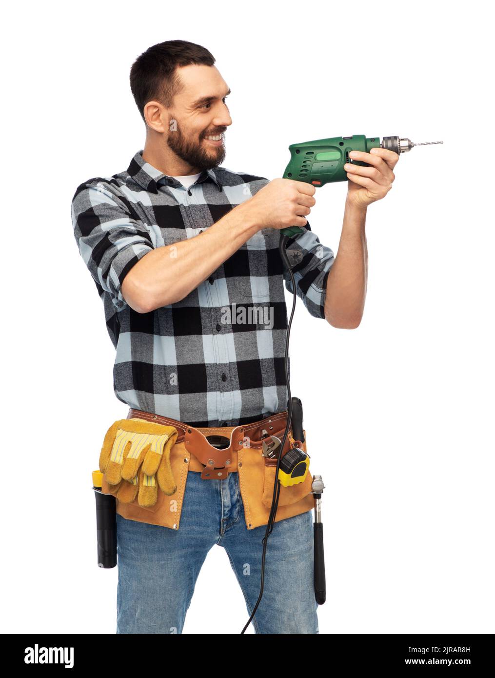 happy male worker or builder with drill and tools Stock Photo - Alamy