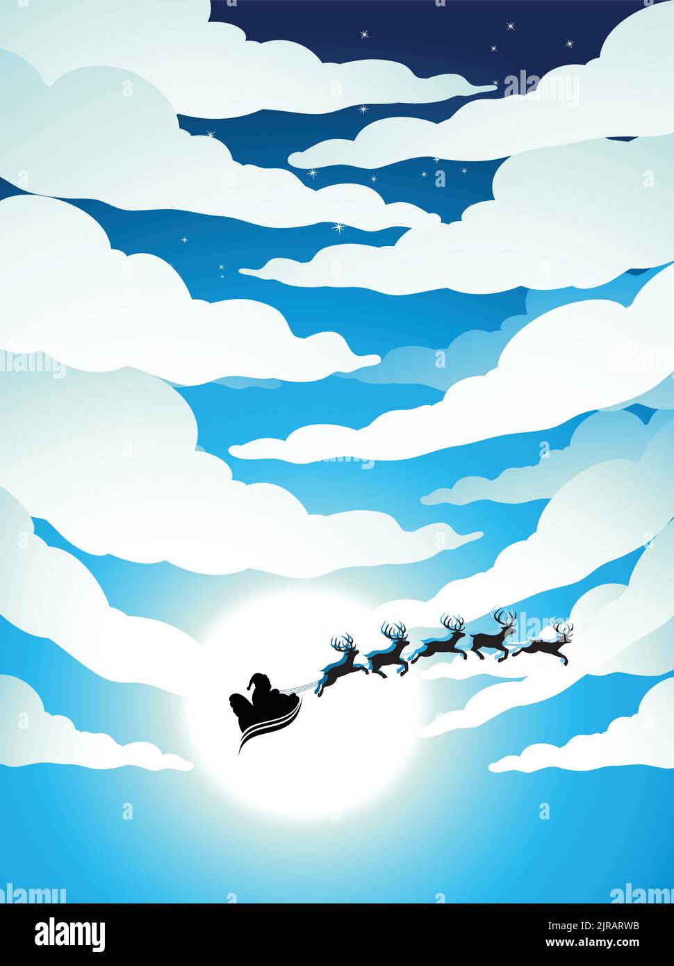Illustration of Santa and Cloudy Blue Sky with Bright Moon Light Stock ...