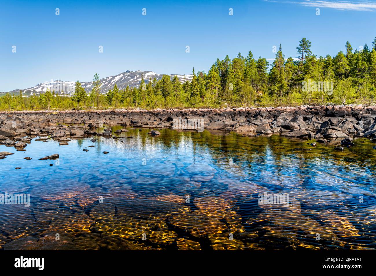 Sweden, Norrbotten County, Clear surface of Akkajaure reservoir with ...