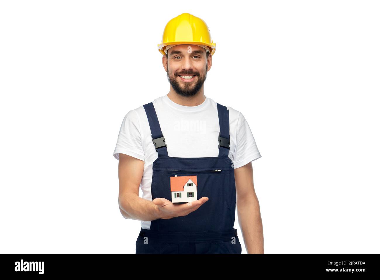 happy male builder holding model of living house Stock Photo - Alamy