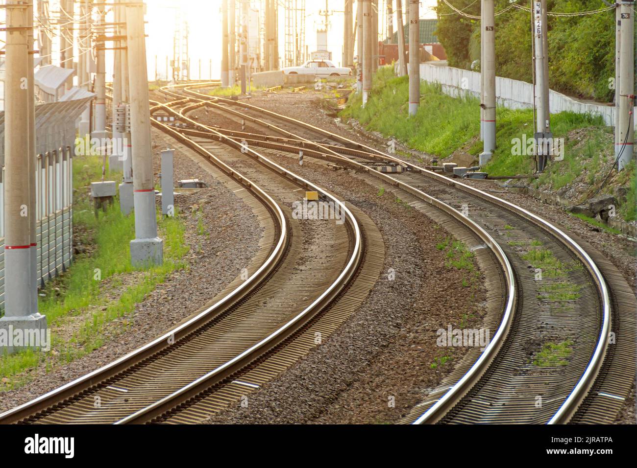 Two railway tracks for different directions of train movement. View of ...