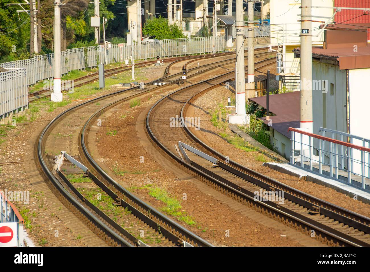 Two railway tracks for different directions of train movement. View of ...