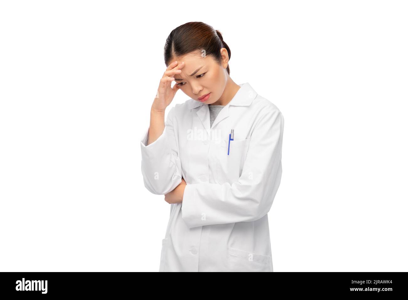 sad thinking asian female doctor in white coat Stock Photo - Alamy