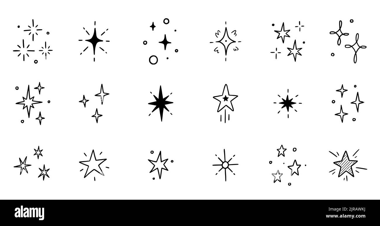 Line star glitter shine of doodle set. Star shine glow, spark glitter, sparkle light vector ...