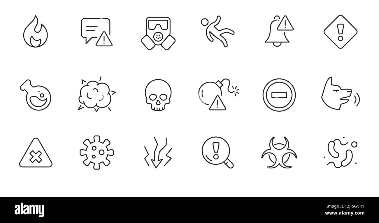 Danger biohazard line icon set. Fire danger, angry dog, chemical ...