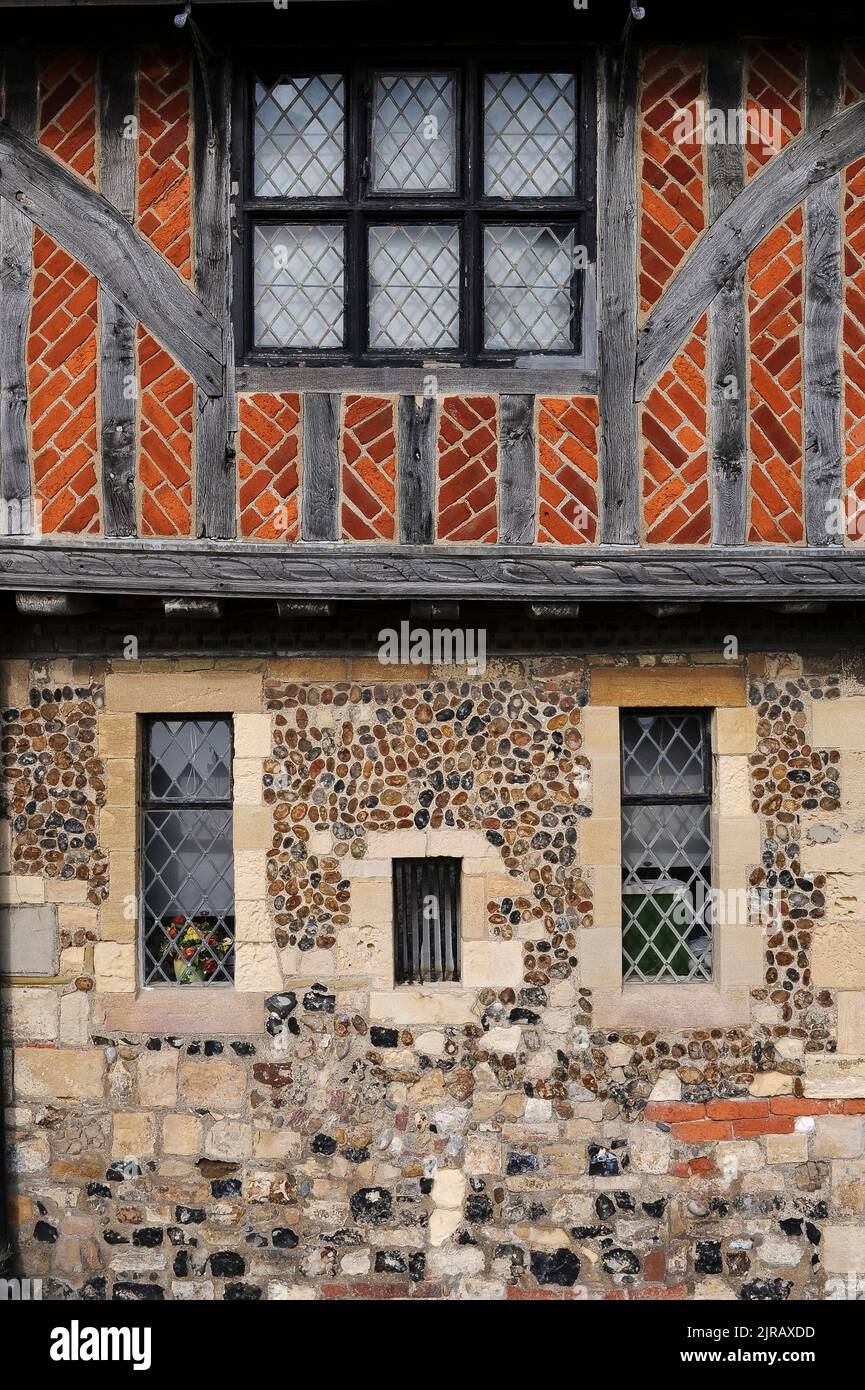 On timber-framed Tudor Moot Hall at Aldeburgh, Suffolk, England, a ...