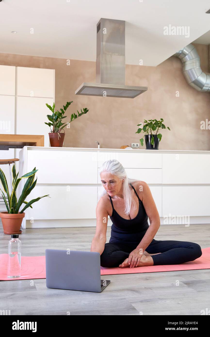 Mature woman learning exercise using laptop at home Stock Photo - Alamy